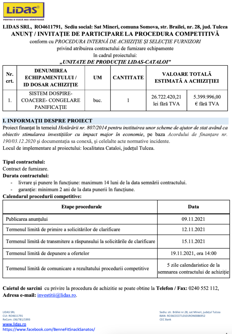 SC LIDAS SRL - Anunt achizitie Sistem dospire-coacere-congelare ...