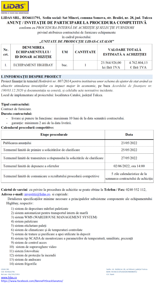 ANUNȚ / INVITAȚIE DE PARTICIPARE LA PROCEDURA COMPETITIVĂ - ECHIPAMENT ...