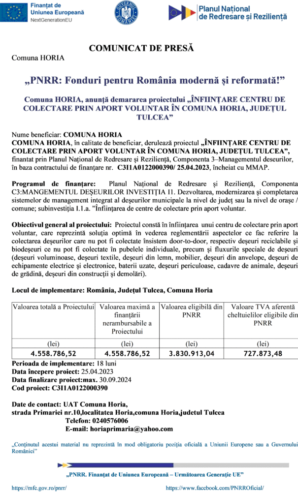 Comuna HORIA, anunţă demararea proiectului „ÎNFIINȚARE CENTRU DE COLECTARE PRIN APORT VOLUNTAR ...