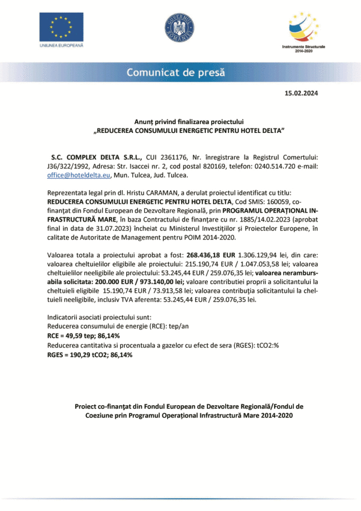Anunț privind finalizarea proiectului „REDUCEREA CONSUMULUI ENERGETIC PENTRU HOTEL DELTA ...