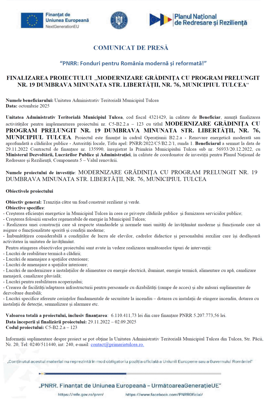 COMUNICAT DE PRESĂ FINALIZAREA PROIECTULUI „MODERNIZARE GRĂDINIȚA CU PROGRAM PRELUNGIT NR. 19 ...