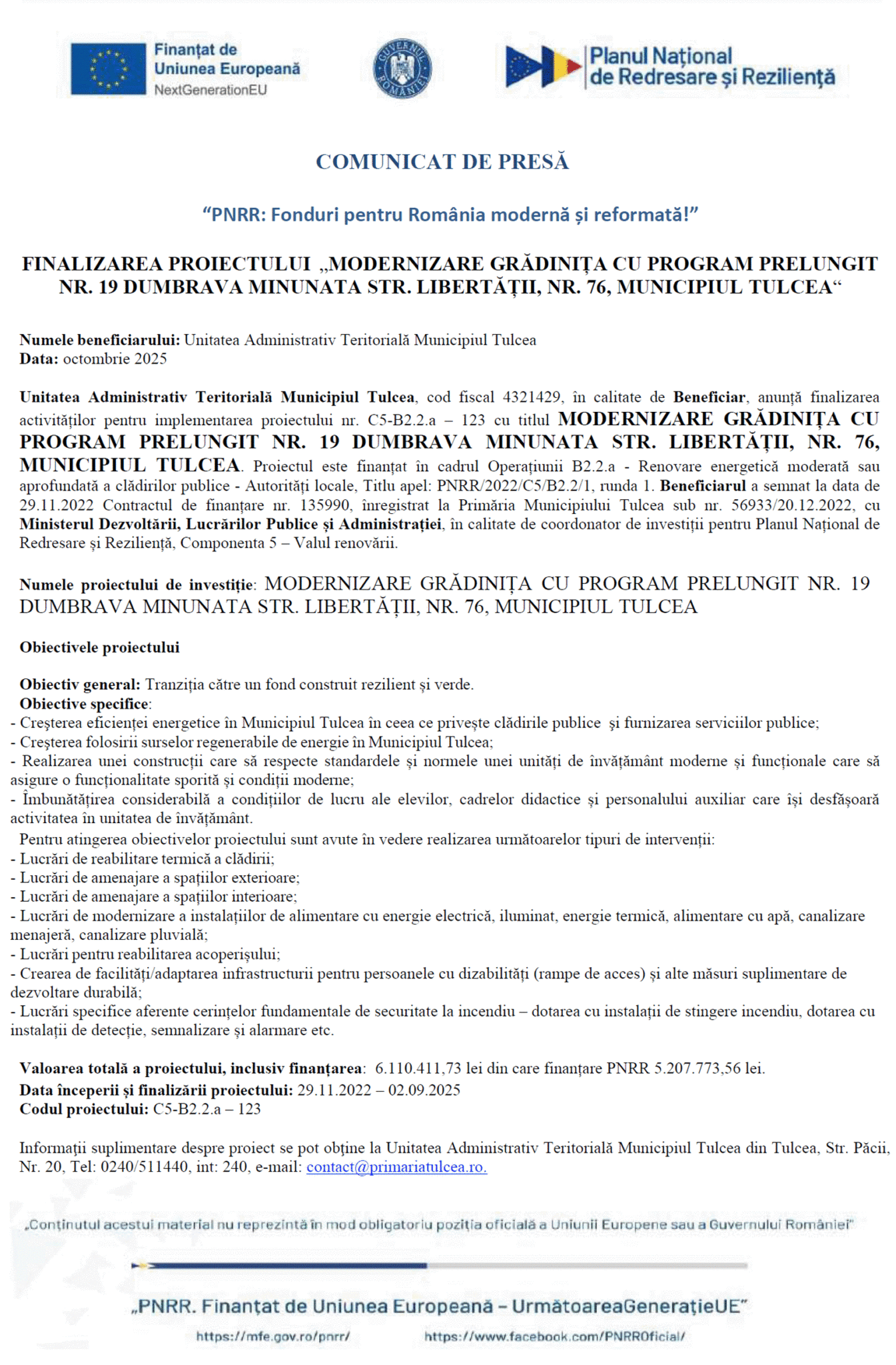 COMUNICAT DE PRESĂ FINALIZAREA PROIECTULUI „MODERNIZARE GRĂDINIȚA CU PROGRAM PRELUNGIT NR. 19 ...